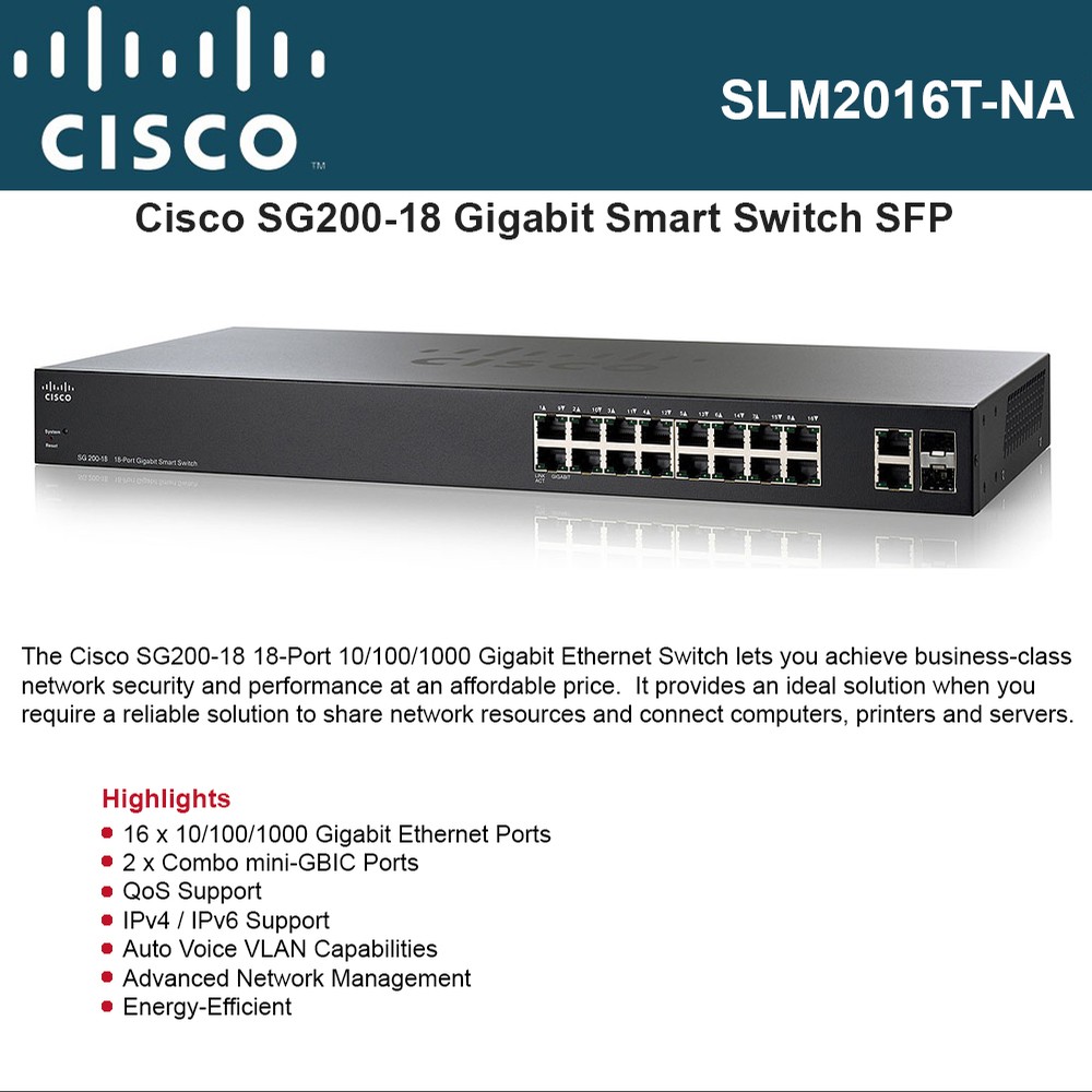Cisco SG200-18 SLM2016T 18-Port Gigabit Smart Switch 2 x Gigabit SFP RM 1U