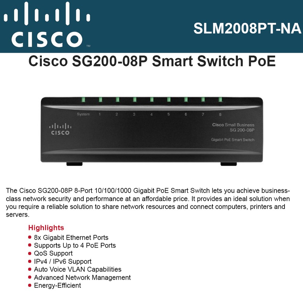 Cisco SG200-08P 8-Port Gigabit PoE support on 4 ports 32W power budget ...
