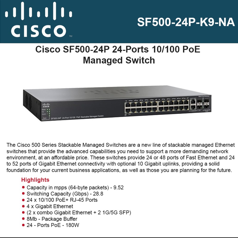 Cisco SF500-24P 24-port Stackable Managed Switch 10/100 PoE+ 180W 2 ...