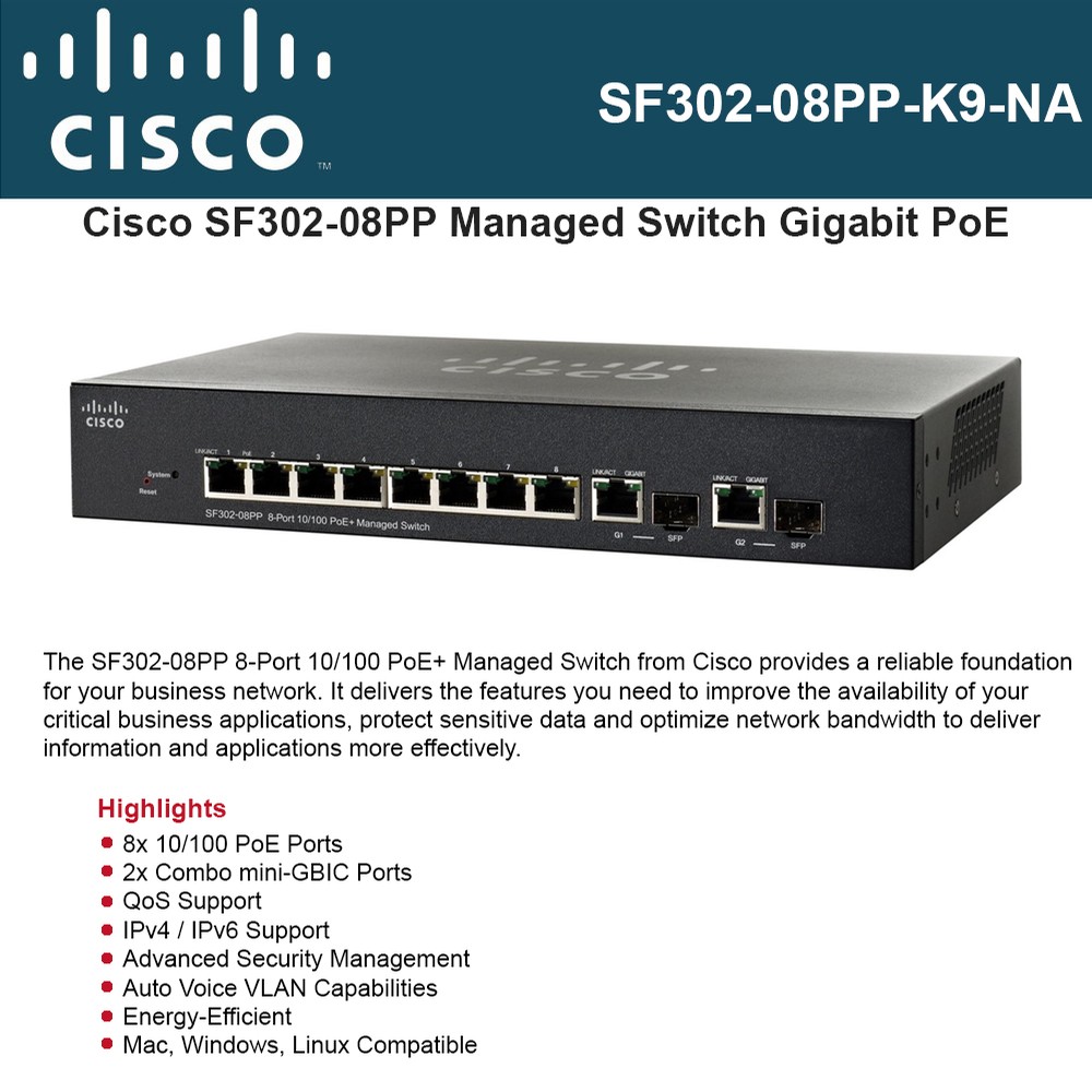 Cisco SF302-08PP 8-port PoE+ Managed Switch 2 x Gigabit SFP 62W Power ...