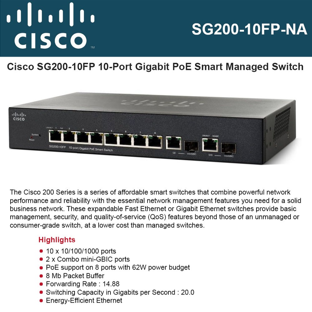 Cisco Smart SG200-10FP Managed Switch 8x10/100/1000 PoE +2x10/100/1000