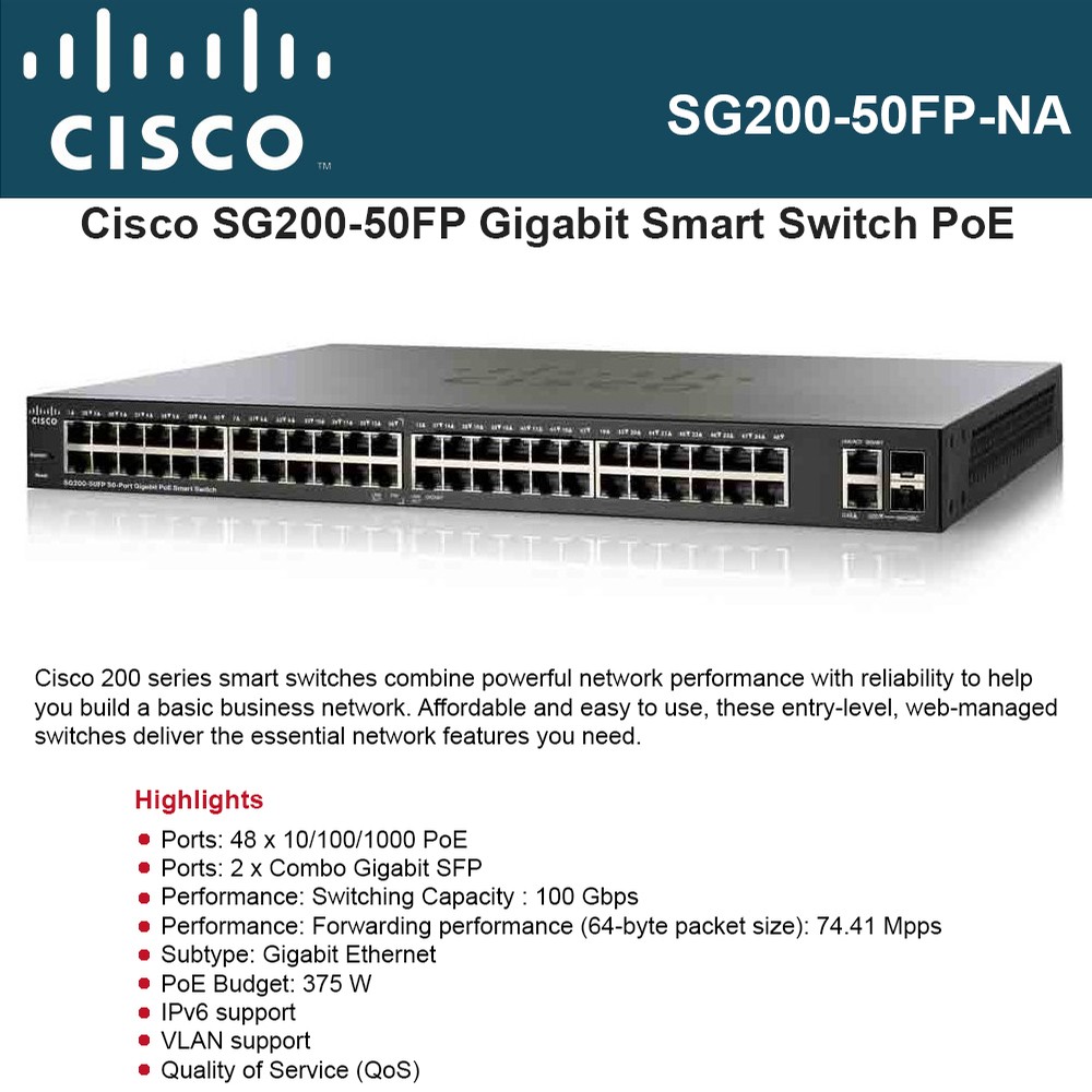 Cisco Smart SG200-50FP Switch 50 ports Managed Desktop, Rack-Mountable