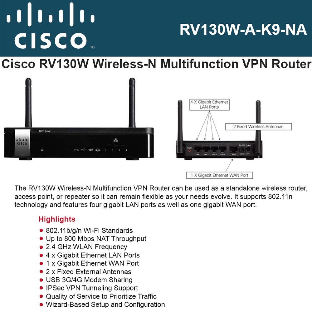 Cisco RV130W Multifunction VPN Wireless Router 802.11b/g/n 4-port ...