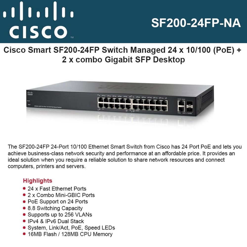 Cisco Smart SF200-24FP Switch Managed 24x10/100 (PoE) + 2x Gigabit SFP