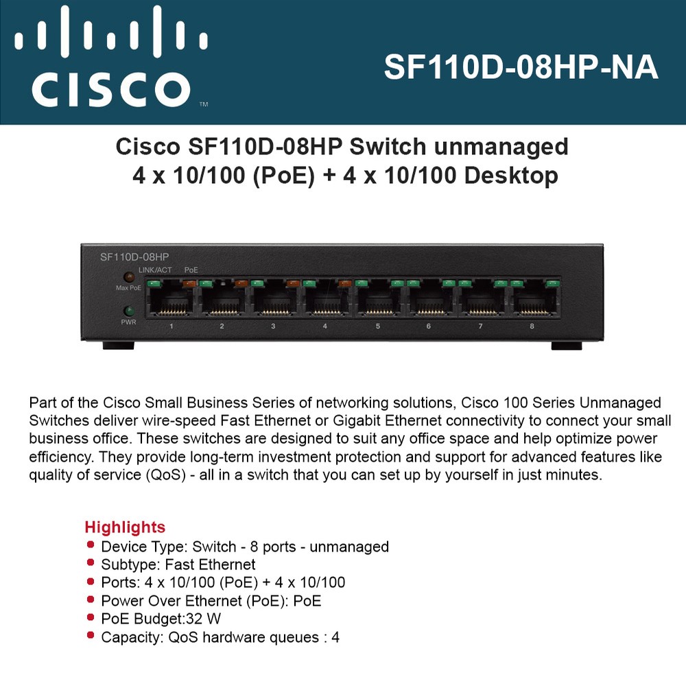 Cisco SF110D-08HP Switch 8-ports 4 x PoE 32 Watts