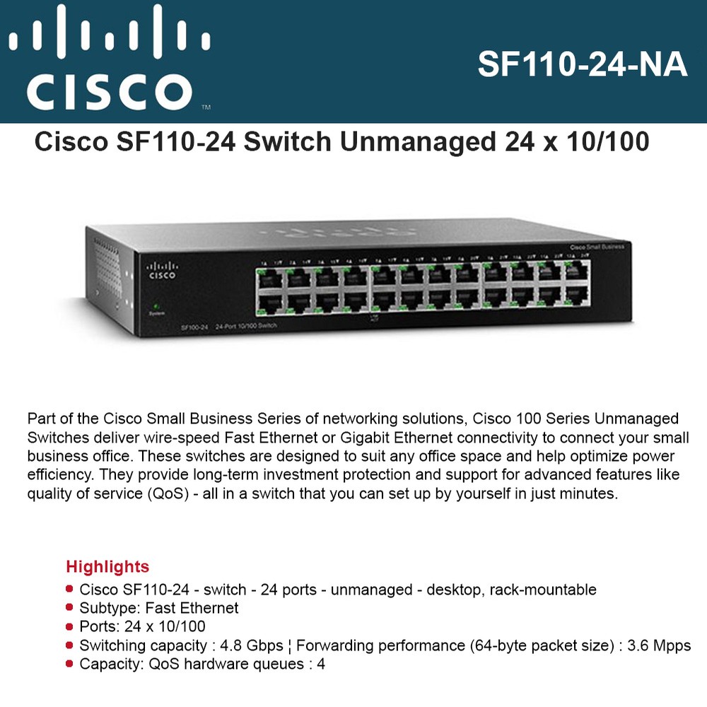 Cisco SF110-24 Unmanaged Switch 24-Port Fast Ethernet Desktop Rack ...