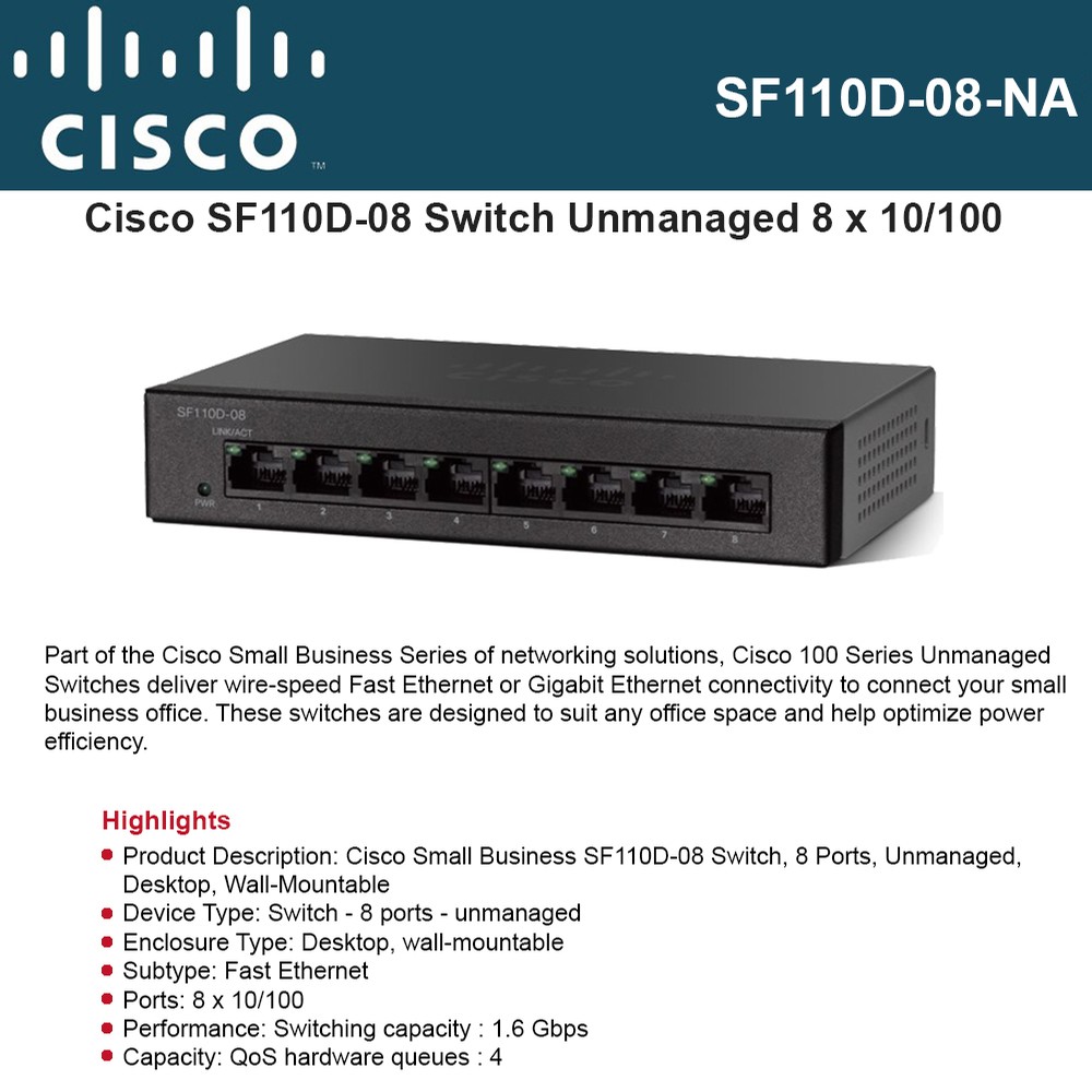 Cisco SF110D-08 Switch, Unmanaged, 8 x 10/100 Desktop, Wall-Mountable