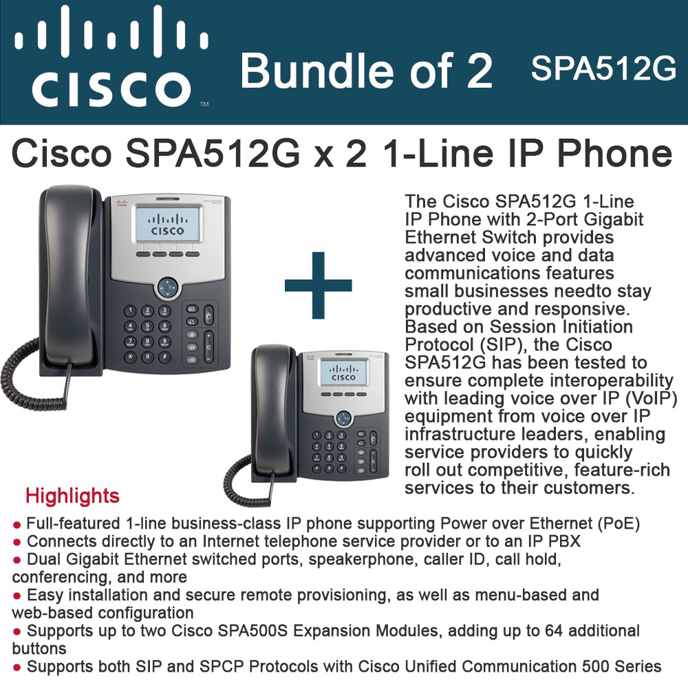 Cisco SPA512G BUNDLE OF 2 IP Phone 2-Port Gigabit PoE LCD Display for ...