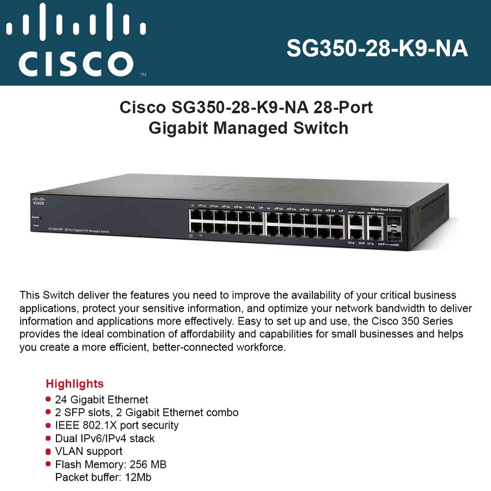 Cisco Switch 24-port SG350-28 Gigabit Managed Small Business L3 Switch