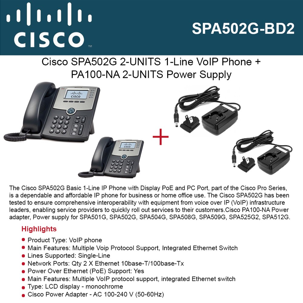 Cisco IP Phone SPA502G 2-UNITS 1-Line with PoE ports + 2-UNITS Power ...
