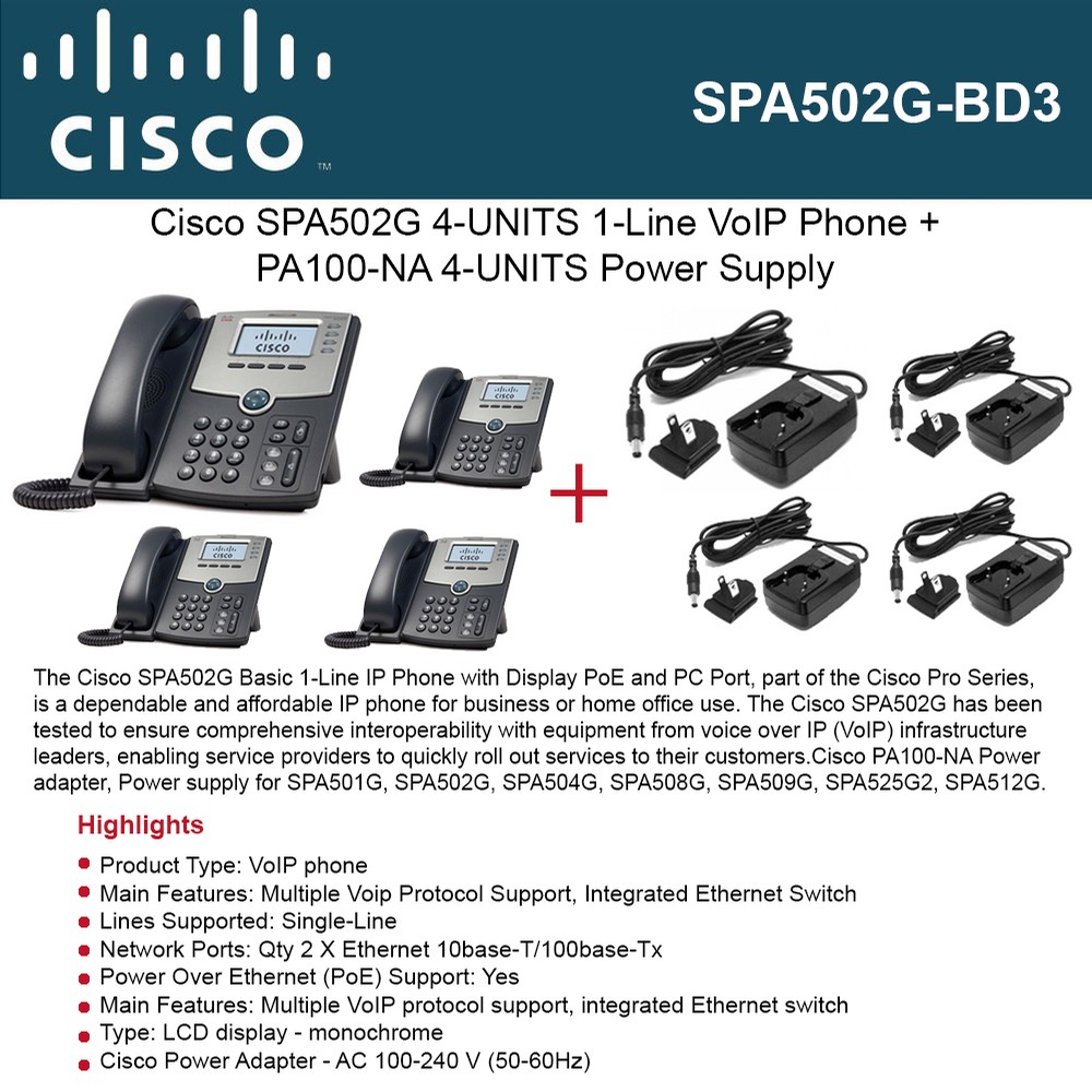 Cisco IP Phone SPA502G 4-UNITS 1-Line with PoE ports + 4-UNITS Power ...