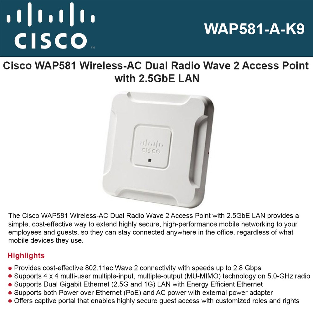 Cisco WAP581 Wireless-AC Dual Radio Wave 2 Access Point with 2.5GbE LAN