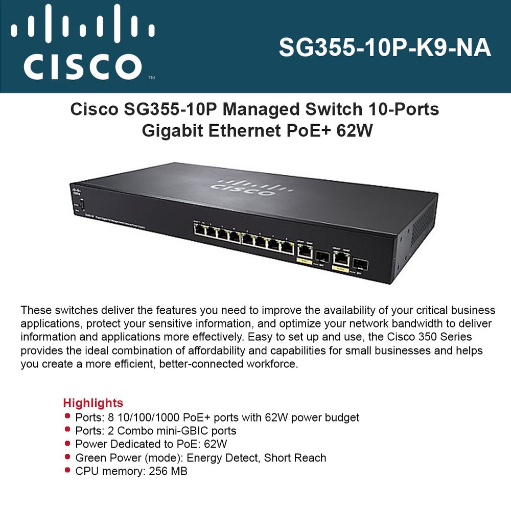 Cisco SG355-10P Managed Switch 10-Ports Gigabit Ethernet PoE+ 62W