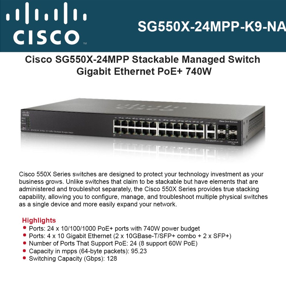 Cisco SG550X-24MPP Stackable Managed Switch Gigabit Ethernet PoE+ 740W