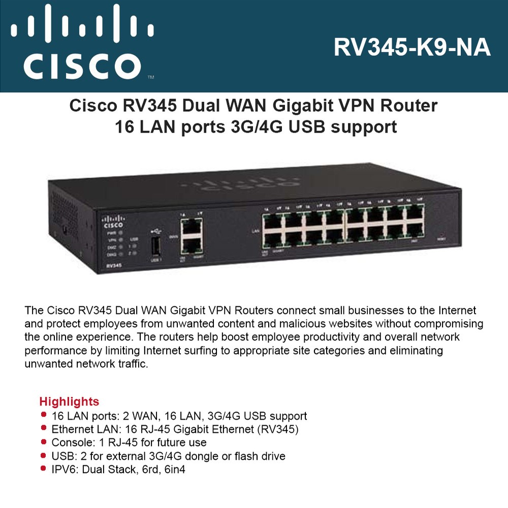 Cisco RV345 Dual WAN Gigabit VPN Router 16 LAN ports 3G/4G USB support