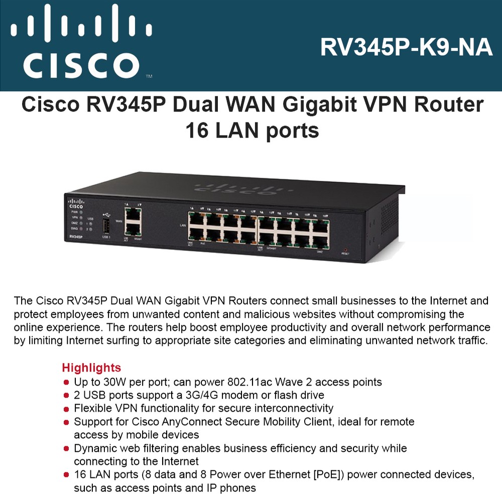 Cisco RV345P Dual WAN Gigabit VPN Router 16 LAN ports (8 data and 8 PoE)