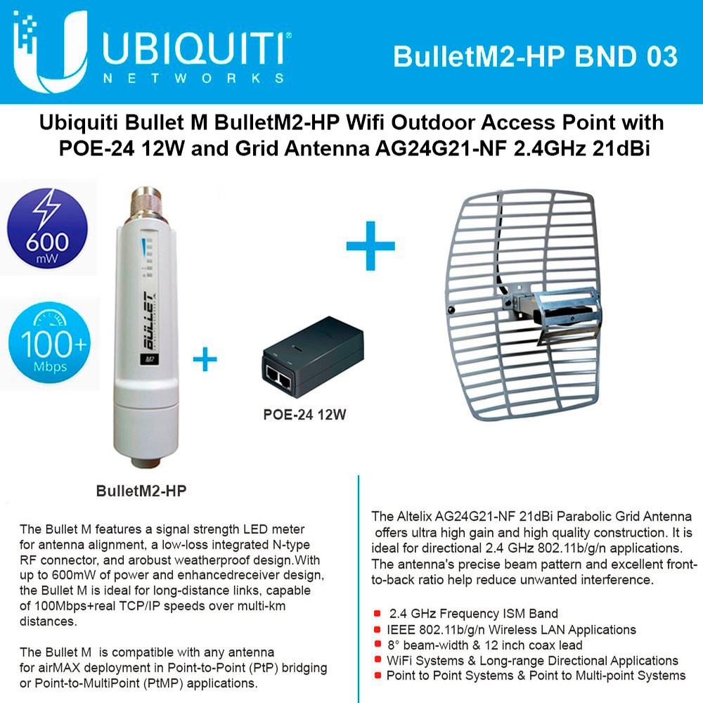Ubiquiti Bullet M BulletM2-HP Wifi Outdoor Access Point with POE-24 12W ...