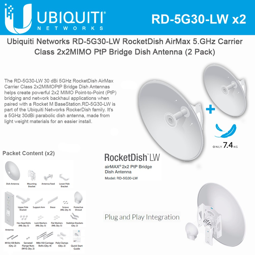 Ubiquiti RocketDish LW RD-5G30-LW 30 dBi 5GHz Lightweight airMAX 2x2 ...