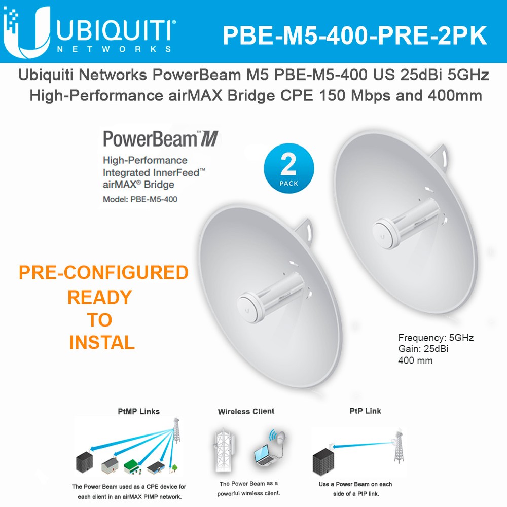Ubiquiti PowerBeam M5 PBE-M5-400 US (2-PACK) PRE-CONFIGURED High-Performance airMAX Bridge