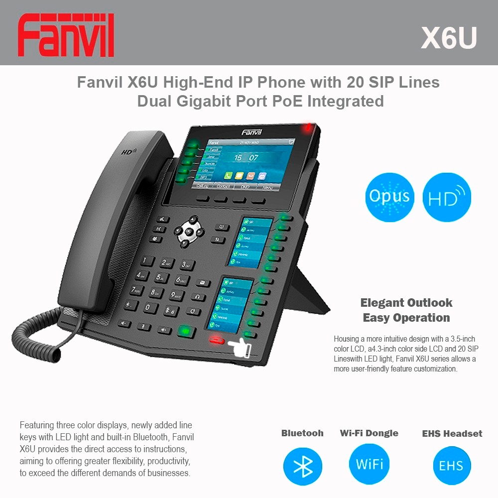 Fanvil IP Phone X6U High-End with 20 SIP Lines Dual Gigabit Port PoE ...