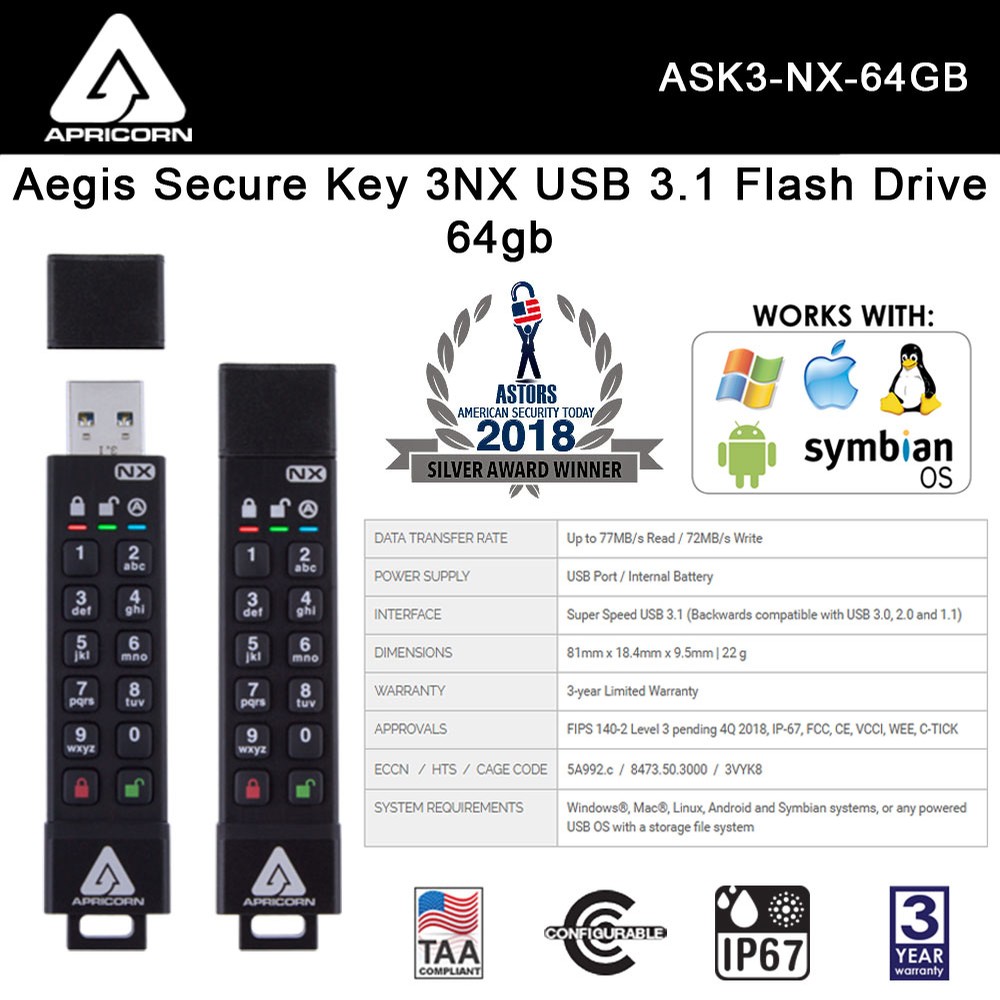 Apricorn 64Gb 256-Bit AEA XTS encrypted USB flash drive for data ...
