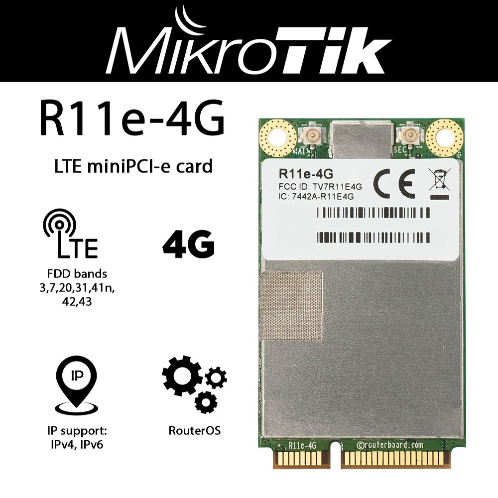 MikroTik R11e-4G 4G/LTE miniPCIe 3/7/20/31/41n/42/43 Band