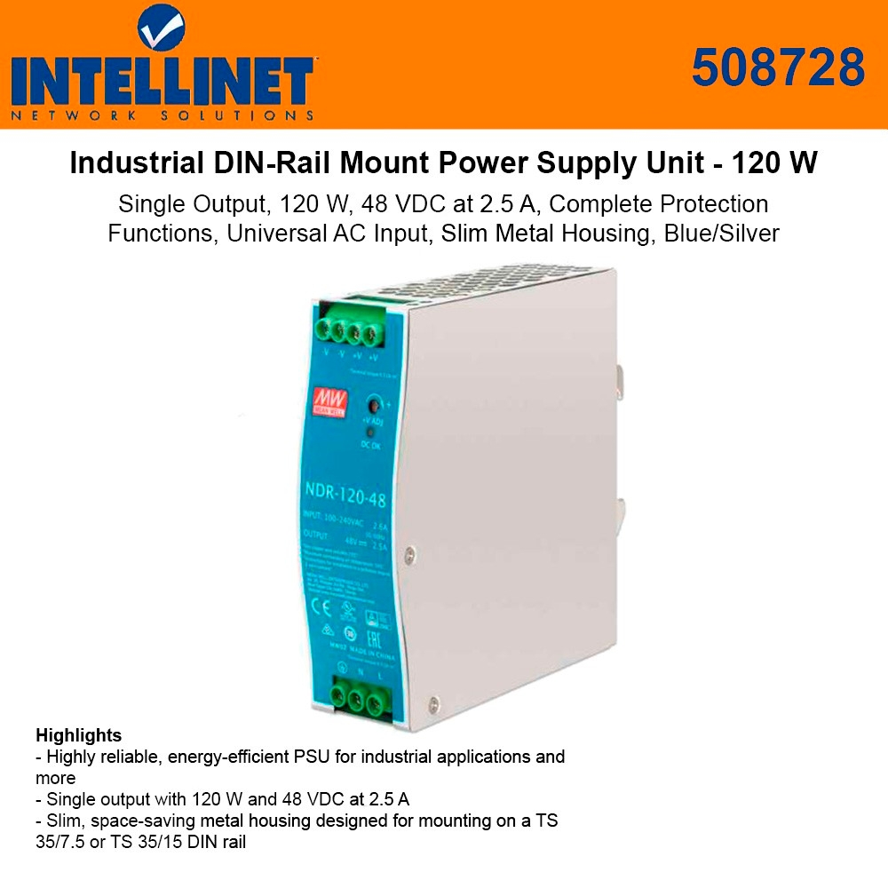 Intellinet 508728 Industrial DIN-Rail Mount Power Supply Unit - 120 W